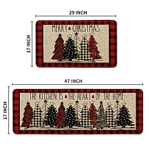 Artoid Mode Red Buffalo Plaid Xmas Trees Merry Christmas Kitchen Mats Set of 2, Winter Decor Low-Profile Kitchen Rugs for Floor - 17x29 and 17x47 Inch