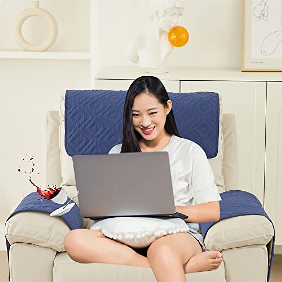 EXTLEZSA Water Proof Sofa Armrest Cover, 1/2/3 Seater Sofa Headrest Slipcovers with Pocket Nonslip Armchair Cover Quilted Furniture Protector for Recliner Leather Sofa Couch (Navy,1 Seat 3 pc)