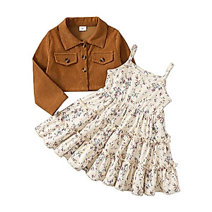 PATPAT Toddler Girls Dress 2PCS Toddler Girl Floral Print Cami Dress and Corduroy Jacket Set