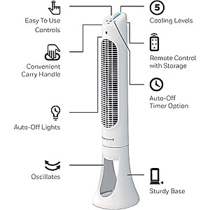 Honeywell QuietSet Oscillating Electric Tower Stand Fan 40”, Powerful and Quiet 5-Speeds with Remote Control, White - HYF260W (Renewed)