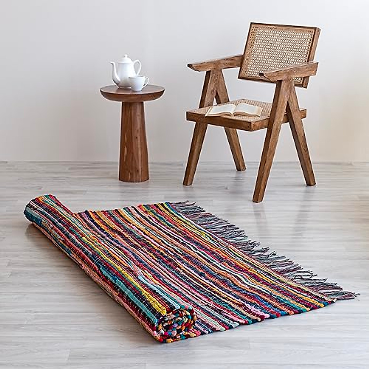 HOMEMONDE Reversible Handmade Chindi Rug Boho 20x32 Inch 100% Recycled Material Farmhouse Braided Rag Rug with Colorful Tassels for Living Room, Bedroom, Kitchen, Doormats