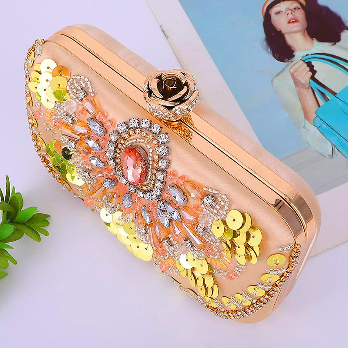 VEABEST Women Evening Handbag Rhinestone Sparkly Glitter Clutch Purse Wedding Clutch for Bridal Wedding Prom Party (Champagne 1)