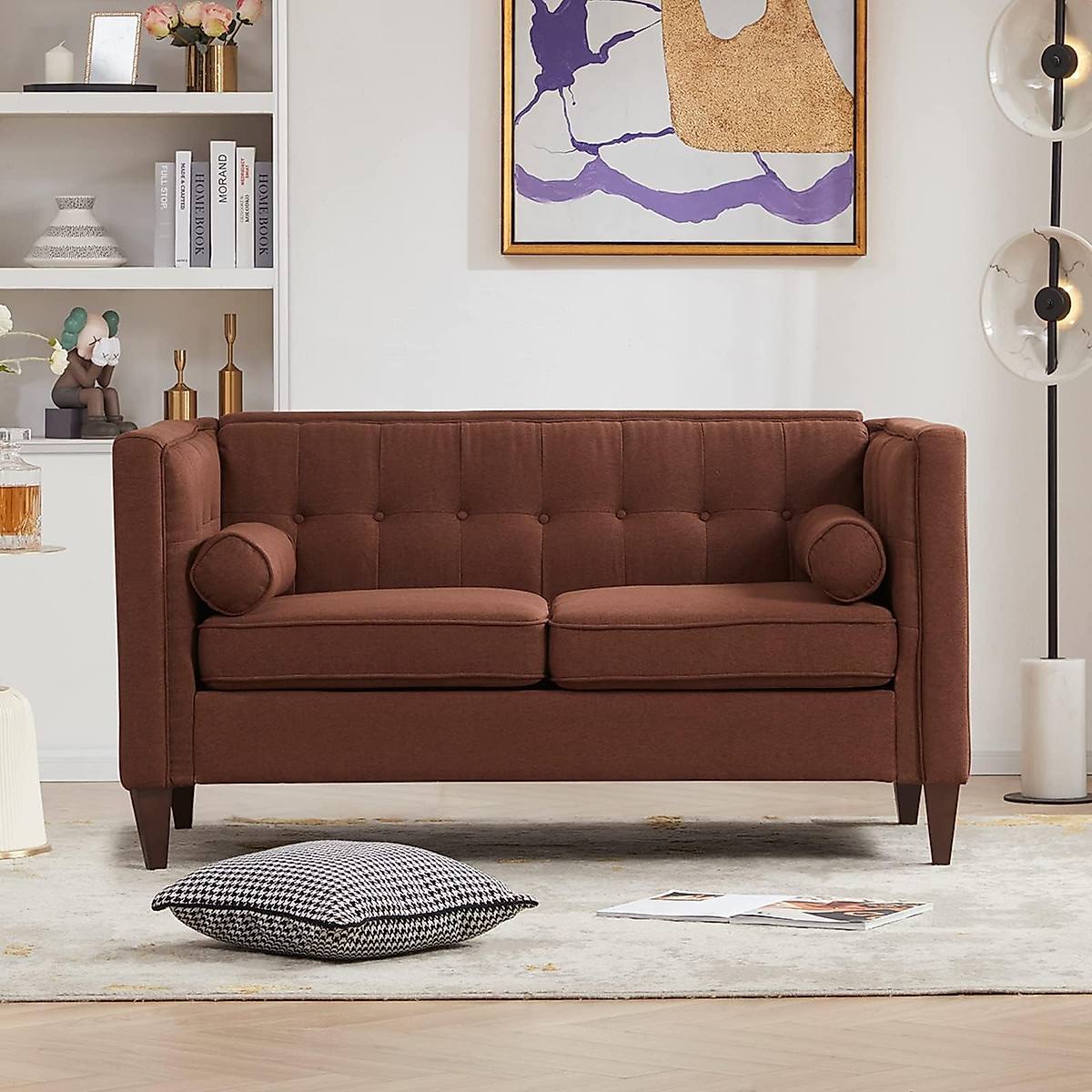 Dreamsir 58Inches Loveseat Sofa, 2 Seater Fabric Sofa Couch with Two Throw Pillows, Solid Wood, Mid Century Modern Couch for Living Room, Small Space, Apartment（Brown） 7097 Linen