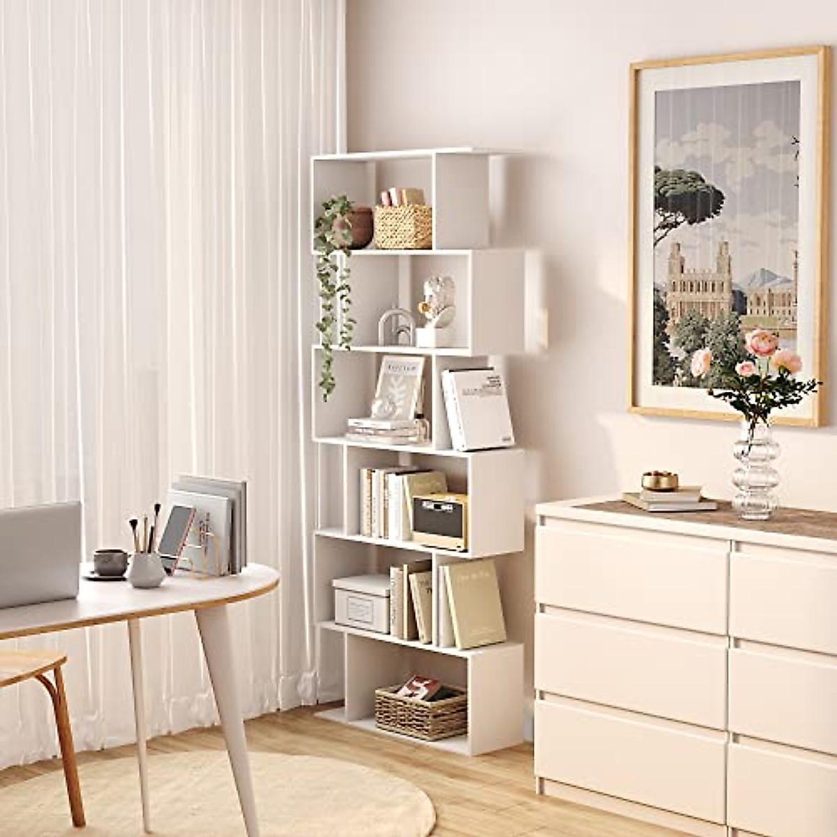 HOMEFORT Wooden Geometric Bookshelf,6-Tier S-Shaped Bookcase,6 Shelf Morden Bookshelves,Unique Freestanding Tall Book Shelf and Book Case for Bedroom and Living Room Home Office,White