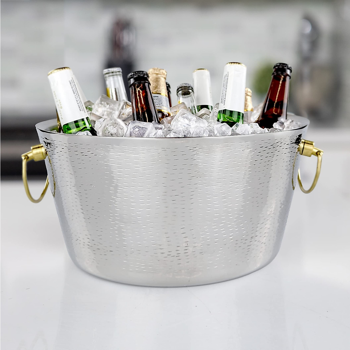 Insulated Metal Ice Bucket for Parties & Gifts- Double-Walled Hammered Stainless Steel Anchored Beverage Tub/Ice Bucket for Parties, Weddings, with Double-Hinged Gold Handles