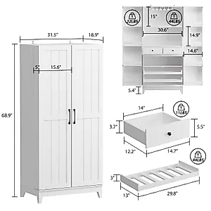 AIEGLE Kitchen Pantry Cabinet with Sliding Tray, 2 Door Freestanding Cupboard Storage Organizer with Drawers, Wine & Seasoning Rack, White 68.9" Tall