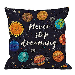 HGOD DESIGNS Outer Space Pillow Case, Cute Planets and Star Cluster Solar System Moon and Comets Sun Cosmos Cotton Linen Cushion Cover Square Standard Home Decorative Throw Pillow 18x18 inch Darkblue