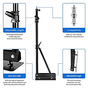 Selens Wall Mount Boom Arm with Triangle Base, Max Length 51inches/130cm Adjustable Camera Mount Up to 4.26ft for Photography Studio Video Strobe Flash, Ring Light, Softbox, Umbrella Reflector etc.