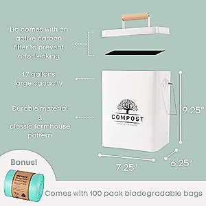 Perfnique Kitchen Compost Bin, 1.7 Gallon Countertop Compost Bin with Lid, Indoor Compost Bin Includes 2 Carbon Filters, Small Compost Bucket, Food Waste Bin for Kitchen with Trash Bags (Cream White)