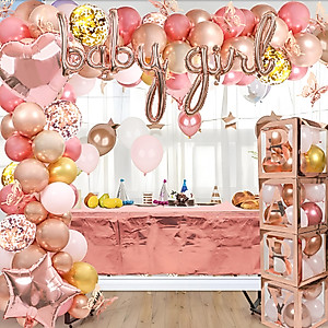 Rose Gold Baby Shower Decorations Rose Gold Balloon Garland Arch Kit Balloon Boxes Fringe Curtain Tablecloth Cake Topper Butterfly Stickers for Birthday Girls Baby Shower Gender Reveal Party Supplies