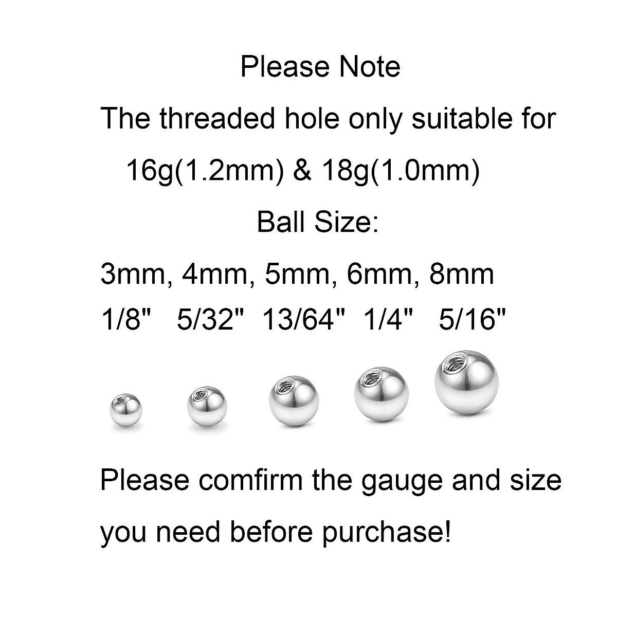 QWALIT 16gauge Stainless Steel Replacement Balls for Lip Studs Labret Earrings Septum Rings Externally Threaded Plastic Balls 3mm - 8mm