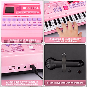 WOSTOO Kids Keyboard Piano, Portable 61 Keys Keyboard Electronic Digital Piano, Early Learning Educational Musical Piano Toy Keyboard Gift for Beginners with Music Stand, Microphone (Pink)