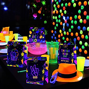 Glow Neon Party Gift Bags - 20 Pcs Goodie Bags Party Favor Bags with Stickers, Fluorescent Colored Paper Bags Treat Bags for Birthday Party Family Union, Glow in The Dark Party Supplies