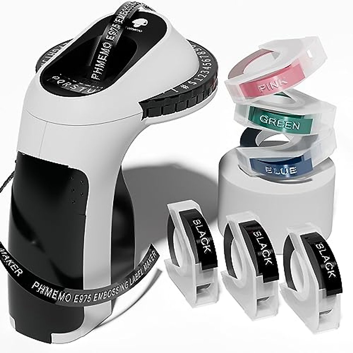 Phomemo E975 Embossing Label Maker Machine with Tapes, Retro Portable Embossed Label Printer Writer, Embosser Label Printer with 6 Rolls Embossing Tapes for Office Home Organization and DIY -Black