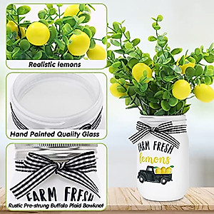 Farm Fresh Lemons Kitchen Decor Mason Jar Floral Arrangement Table Centerpiece with Artificial Fake Lemons Branch Buffalo Plaid Bowknot Summer Lemonade Farmhouse Display for Spring Home Tiered Tray
