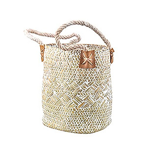 HANABASS Hanging Planters Hanging Flower Pot Multifunction Handmade Seagrass Braided Basket Flower Pot Desktop Storage Box Woven Laundry Basket(White Big) Hanging Indoor Planters Indoor Planter