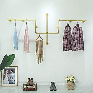CIVANA Industrial Pipe Clothing Rack, Wall Mounted Garment Hanging Bar, Iron Commercial Clothes Hanger, Cloth Display Rack for Retail, Boutiques, 86.6in, Gold