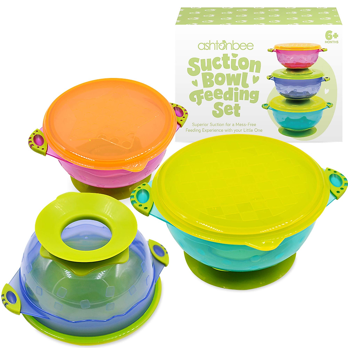 Baby Bowls with Suction - Suction Bowl for Toddlers, Set of 3 Stackable Feeding Bowls with Spill-Proof Lids, Silicone Placemat Bowl