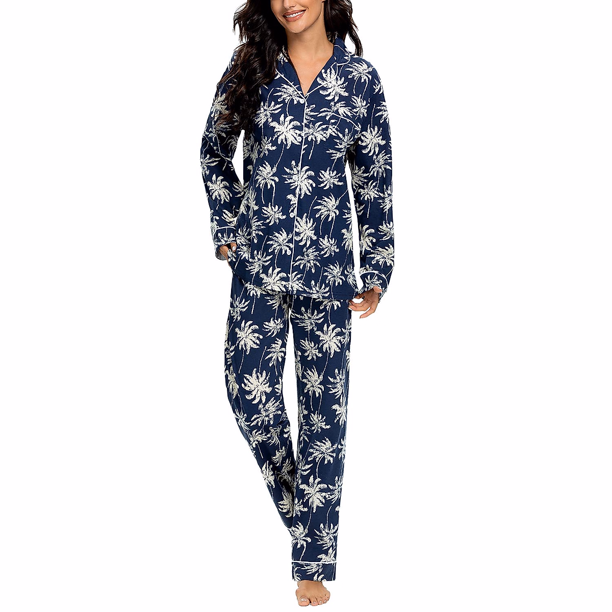 Tugege Pajamas Set Long Sleeve Sleepwear Women Button Down Nightwear Pj Lounge Sets (Deep Blue Coconut, Large)