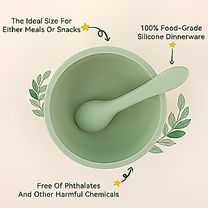 Yoofoss Baby Bowls with Suction - Toddler Bowls with Lids - 100% Silicone Baby Feeding Set include 2 Pack of Suction Bowls, Forks & Spoons - BPA Free - Microwave & Dishwasher Safe - Green