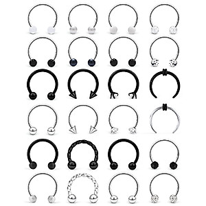 Ftovosyo 24Pcs 16G Surgical Steel Nose Septum Rings Piercing Jewelry Horseshoe Cartilage Helix Daith Earring Hoop Eyebrow Lip Hoop for Women Men 8mm 5/16 Inch Silver Black