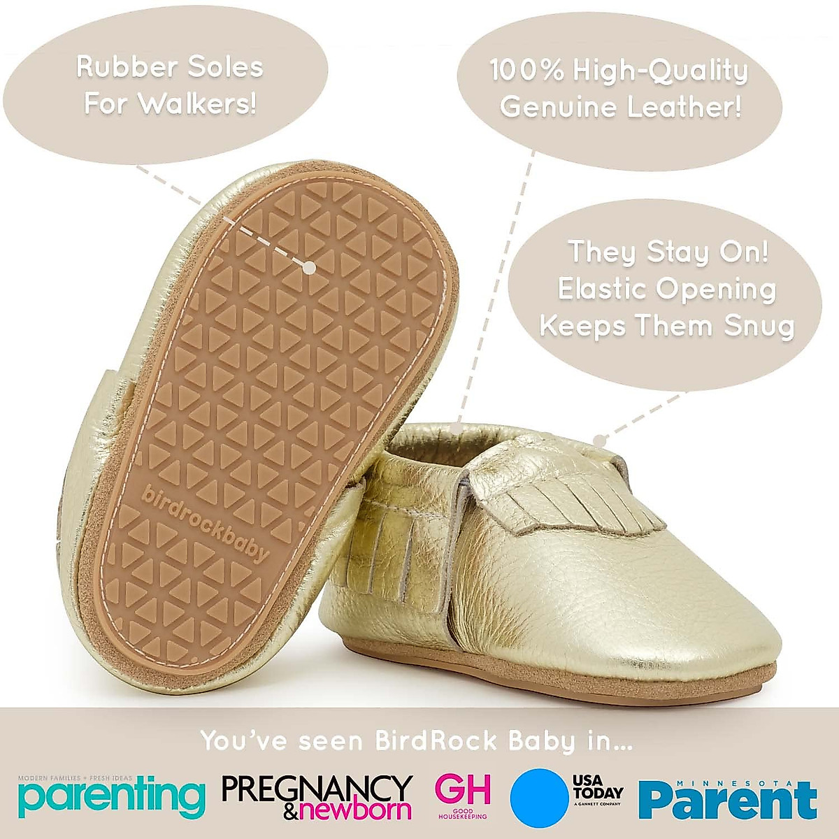 BirdRock Baby Hard Sole Moccasins - Genuine Leather Shoes for Boys and Girls (Classic Brown, 6.5)