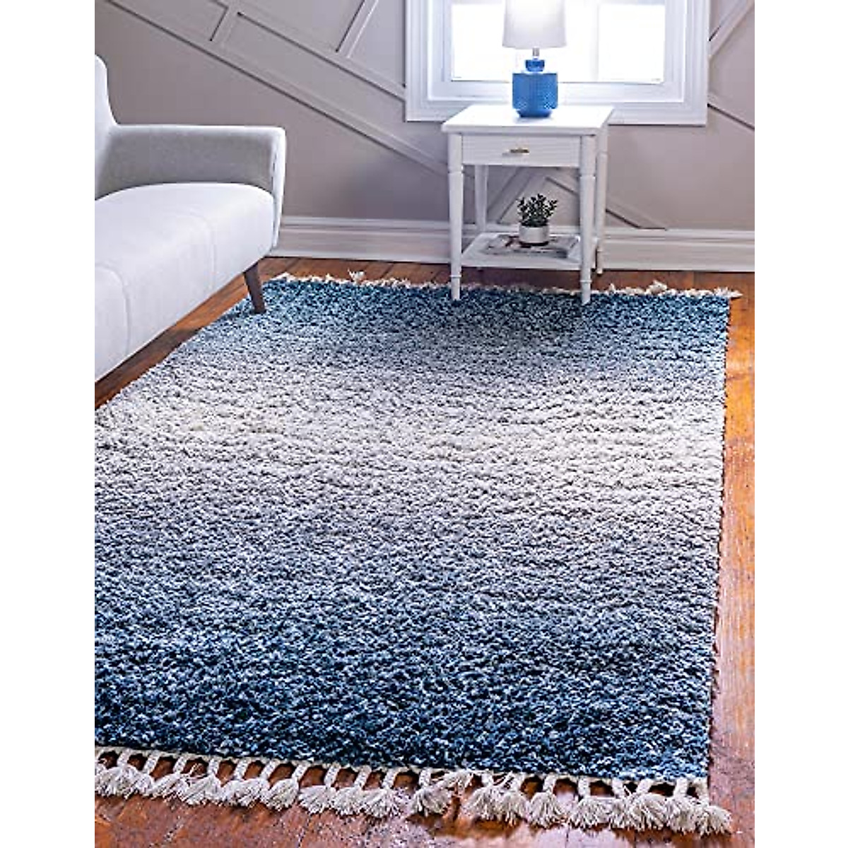 Unique Loom Hygge Shag Collection Modern Moroccan Inspired, Plush & Cozy Area Rug, 4 ft x 6 ft, Blue/Ivory