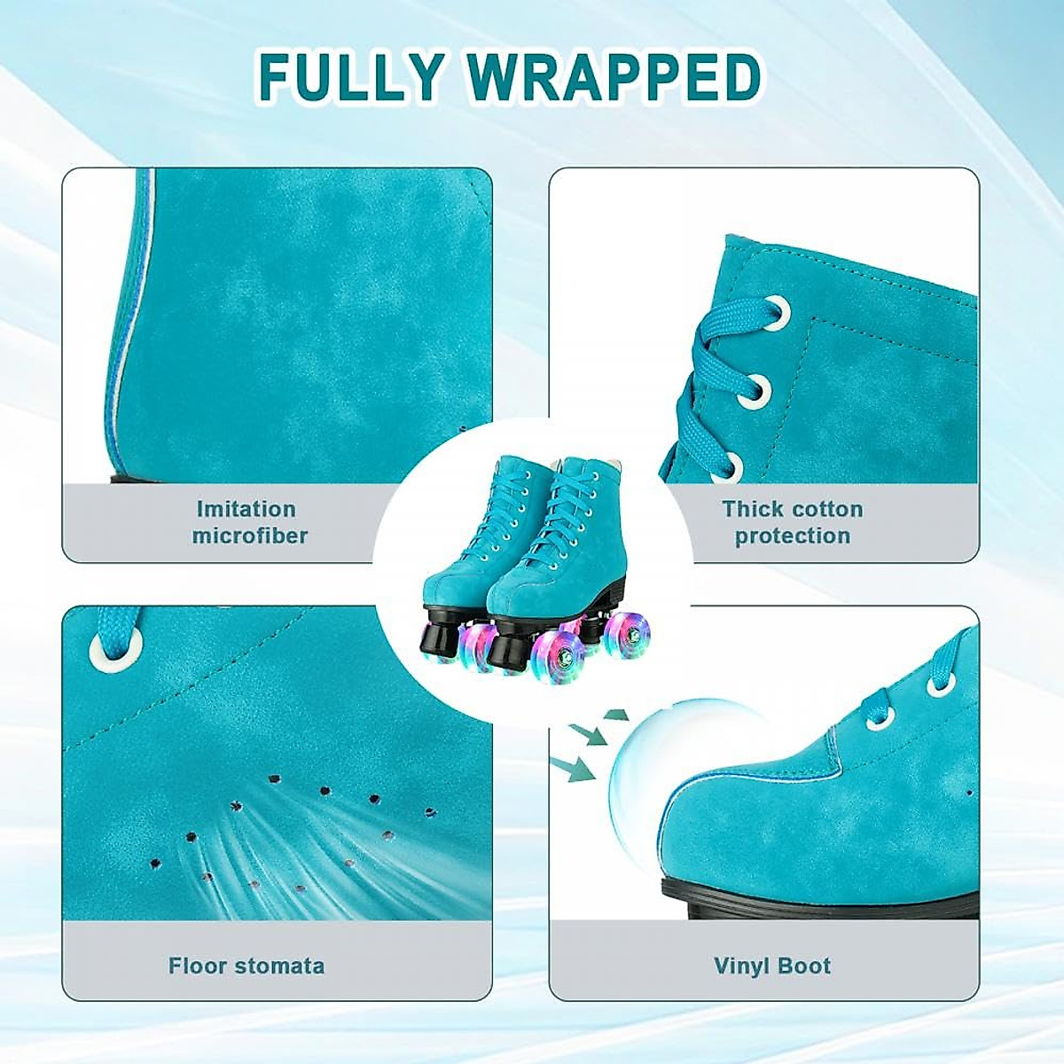 YYW Women Roller Skates High Top Girls Double Row Shiny Roller Derby Skates Four Wheel Unisex PU Classic Skates for Beginner Outdoor (Lake Blue Flashing Wheel,34-8.85in - Women's 5.5 / Men's 4)