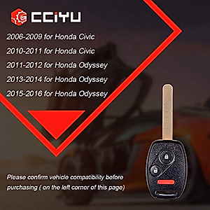 cciyu Replacement Uncut Ignition Key Keyless Entry Car Remote Transmitter Fob 2 X 3 Buttons Replacement fit for Honda for Civic Lx for Odyssey N5F-S0084A