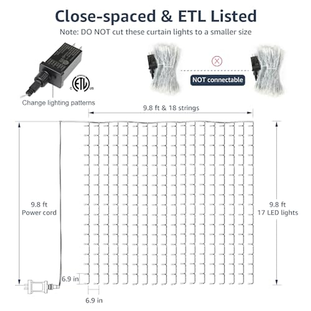 LE 306 LED Curtain Lights with 18 Hang Down String Lights, 10×10 ft Plug in Hanging Fairy Lights for Bedroom Wall Window, Twinkle Lights for Wedding Backdrop Patio Gazebo Pergola (NOT Connectable)