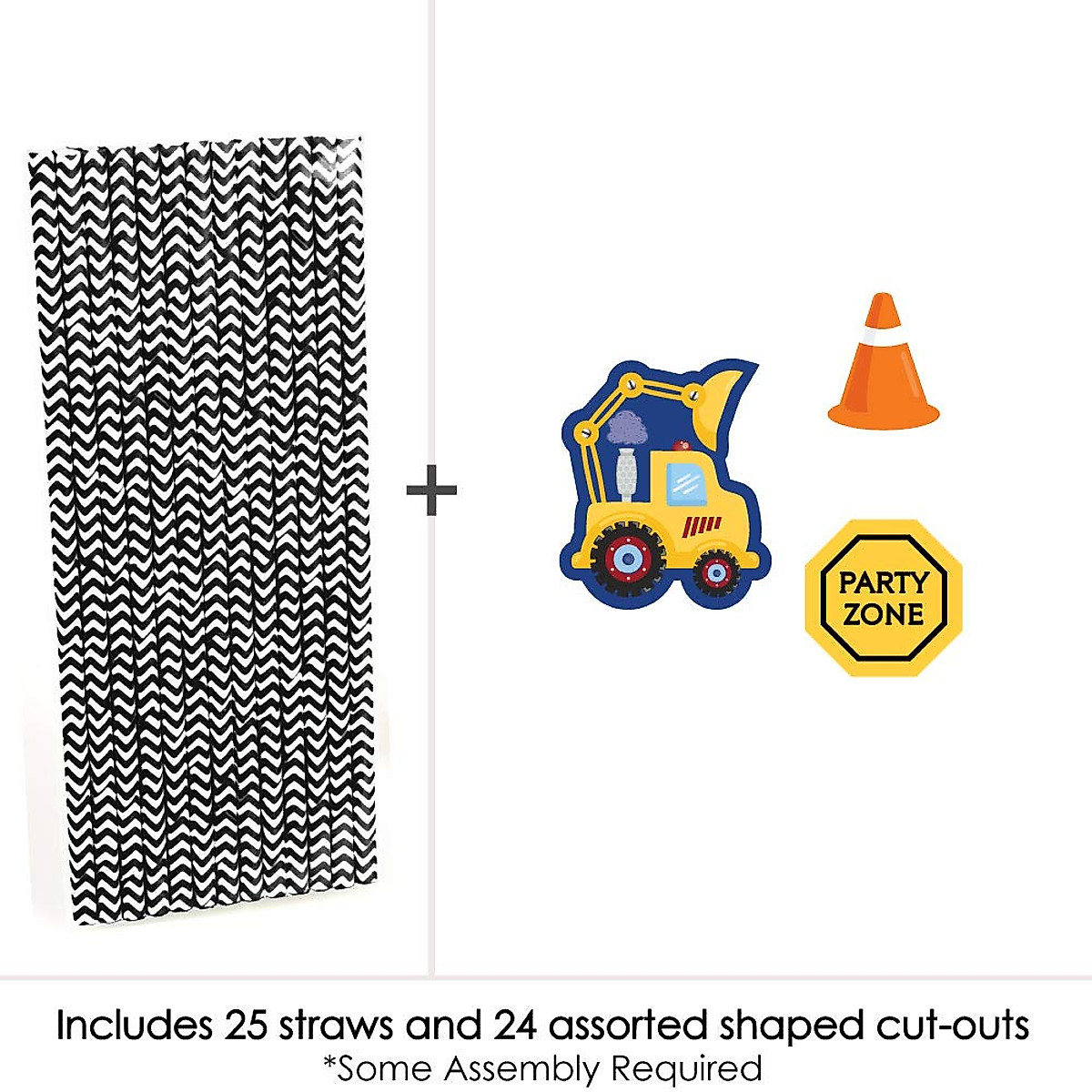 Construction Truck Paper Straw Decor - Baby Shower or Birthday Party Striped Decorative Straws - Set of 24