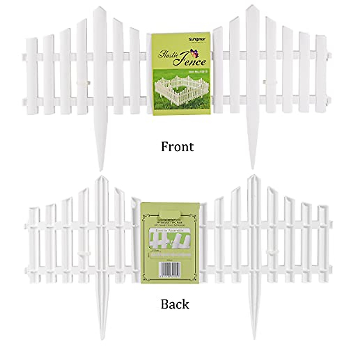 Sungmor Plastic White Edging Garden Picket Fence - Grass Lawn Flowerbed Plant Borders - Decorative Landscape Path Panels - 13in Tall, Pack of 4 (Overall Length 8 ft) - Lightweight & Easy Installation