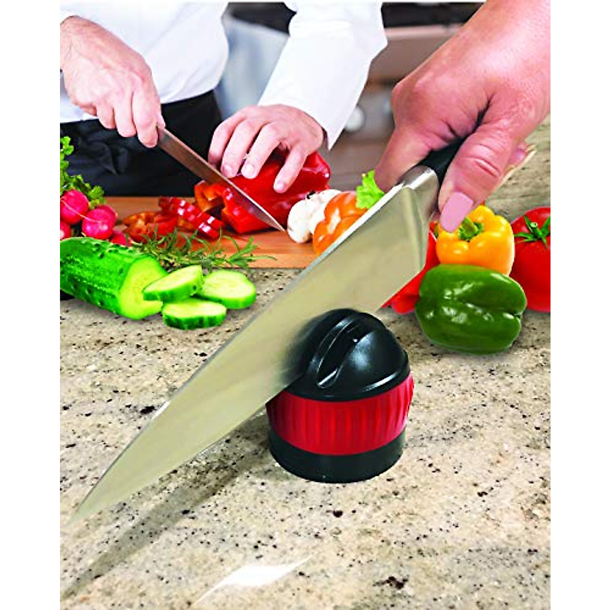 Jokari Knife Sharpener with Suction Kitchen Safety Seals to the Counter for One Handed Sharpening of Knives. In 3 Steps Blades Make Diamond Sharp Slices Rated Near Chef Quality. Skip the Electric Tool