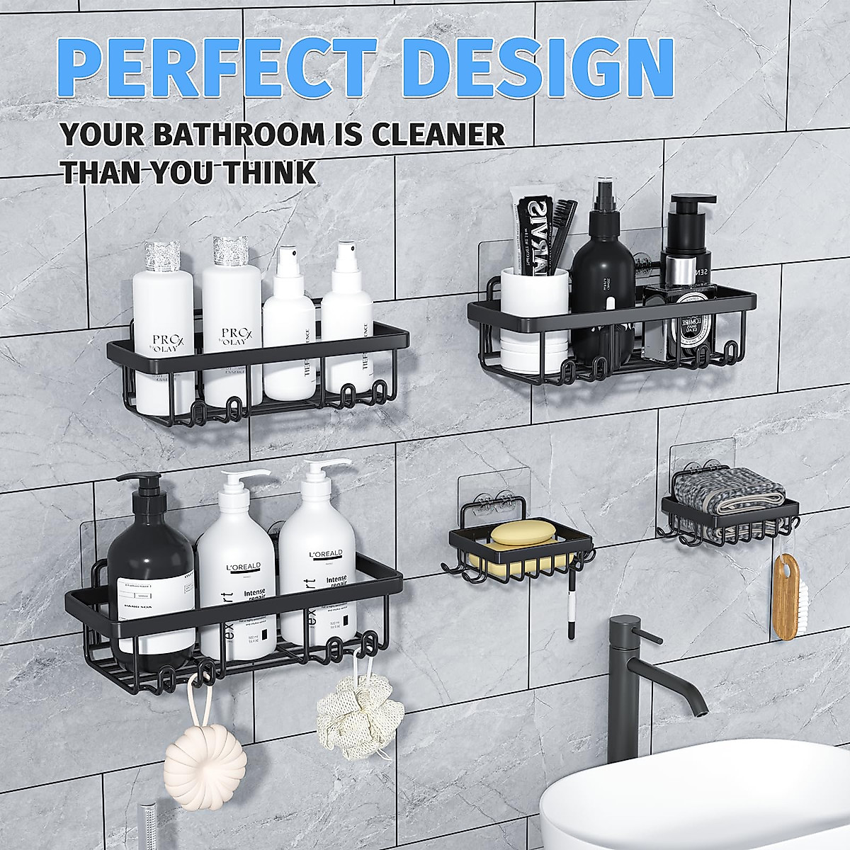 WESTRUE Shower Caddy 5 Pack Shower Shelves No Drilling Shower Rack with Soap Dish Adhesive Shower Organizer Shower Storage for Inside Shower-Black