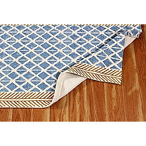 Casavani Indian Handmade Cotton Dhurrie Striped Blue & Brown Area Rug Boho Kilim Flat Weave Rug Indoor Hall Room Decor Carpet Throw Rugs for Bedroom Living Room Bathroom Balcony 8x10 Feet