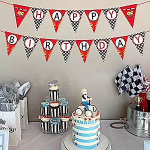 Race Car Happy Birthday Banner Party Decorations,Racing Themed Party ，Racing Party Sign,Let't Go Racing Checkered Flag Party Themed Party Supplies Decorations