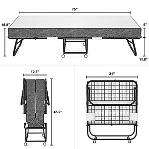 Karcog Folding Bed with Mattress, Rollaway Bed Storage Cover Included, Portable Foldable Guest Bed for Adults, Cot Size Fold up Bed with Memory Foam Mattress and Metal Frame on Wheels - 75” x 31"