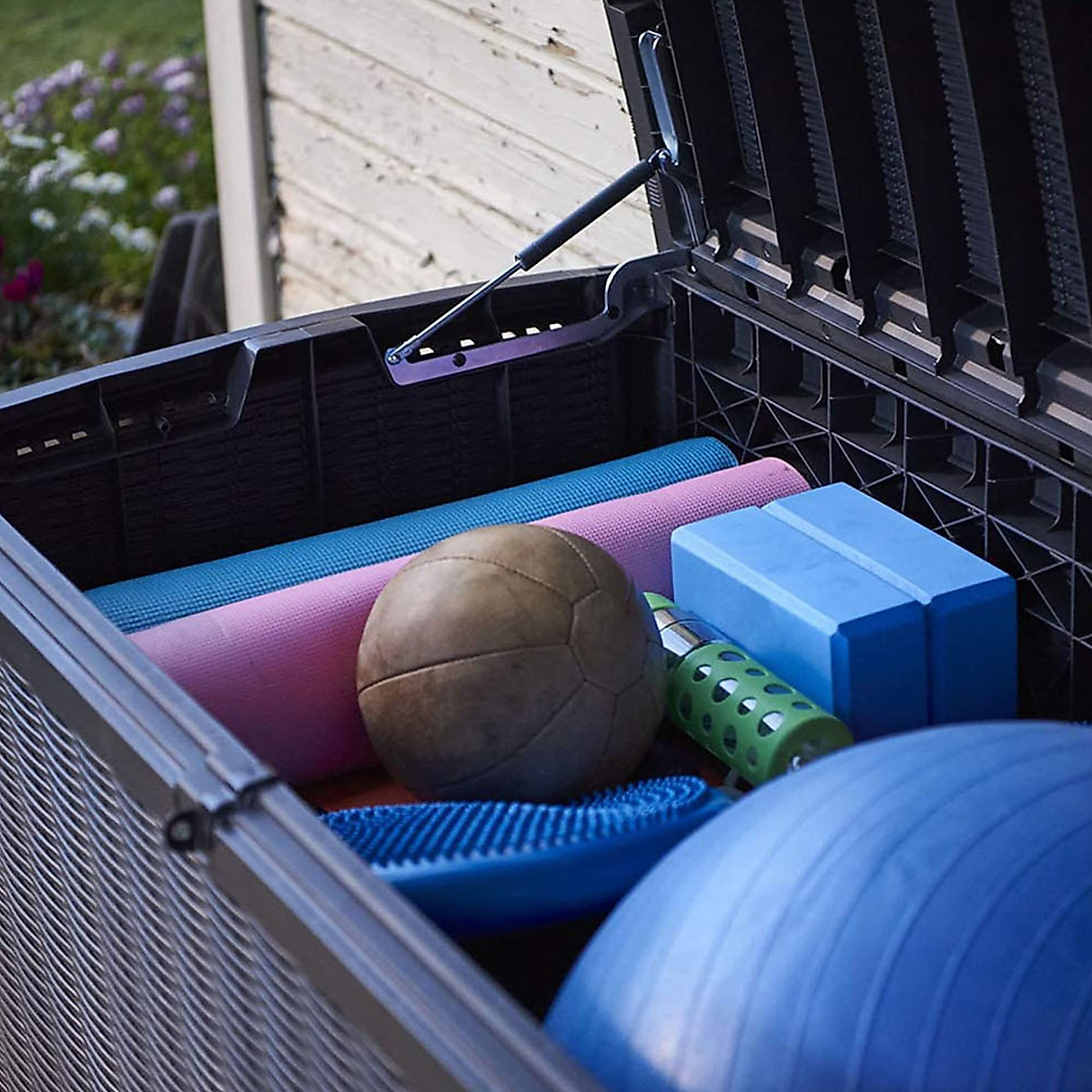 Keter Borneo 110 Gallon All Weather Weatherproof Rattan Wicker Resin Outdoor Patio Porch Garden Deck Organization Storage Box Bench, Grey (2 Pack)