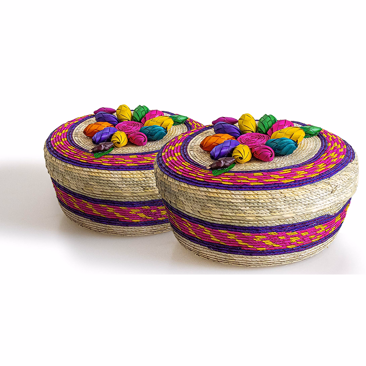2-Pack Genuine Mexican Handwoven Tortilla Basket, Fiesta Mexican Tortilla Warmer, Tortilla Holder, Tortillero, Palm Straw Baskets Handmade in Mexico, Mexican Bowls (1, Floresita)