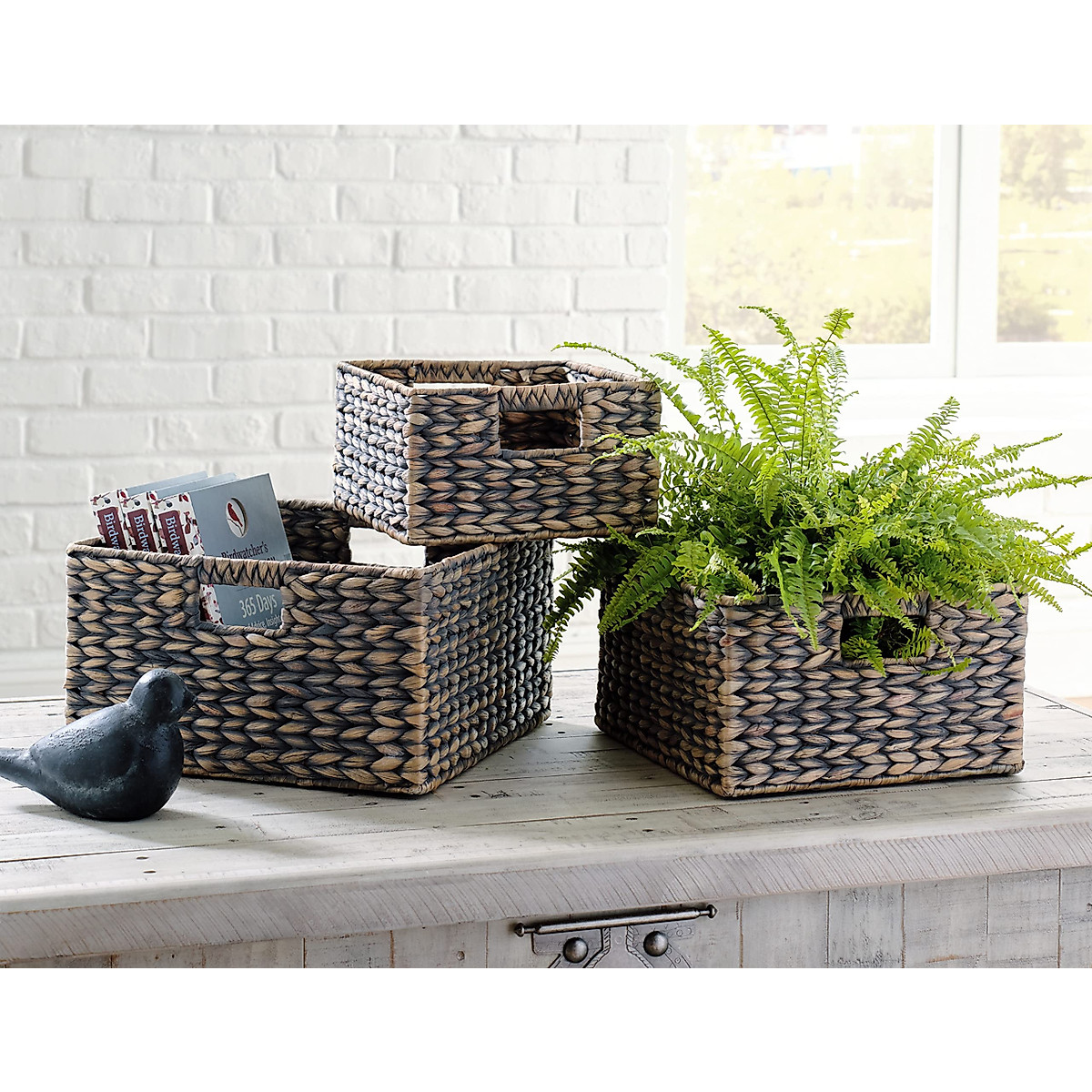 Signature Design by Ashley Elian Farmhouse Woven Wicker 3 Piece Nesting Basket Set, Gray