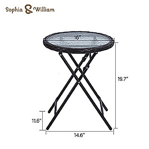 Sophia & William Patio Folding Side Table Round Outdoor End Table Set of 2 Small Portable Bistro Coffee Table with Tempered Glass Top w/Rattan Edge and Metal Frame for Outdoor and Indoor