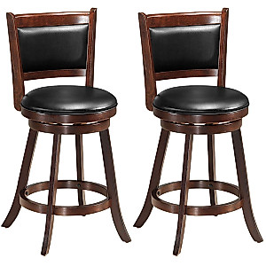 COSTWAY Bar Stools Set of 2, 360 Degree Swivel, Accent Wooden Swivel Seat Counter Height Bar Stool, Leather Upholstered Design, PVC Cushioned Seat, Perfect for Dining and Living Room (Height 24")