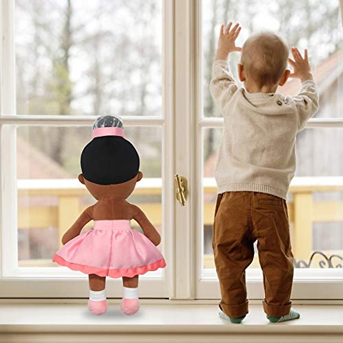 Maxshop Plush Dolls 17'' First Baby Doll for Kids Super Soft Plush Toy (Pink Dress Princess Black Doll)
