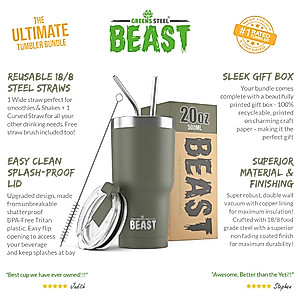 BEAST 20 oz Army Green Tumbler Set with Handle - Stainless Steel Coffee Cup + 2 Straws Brush, Gift Box & Black Handle