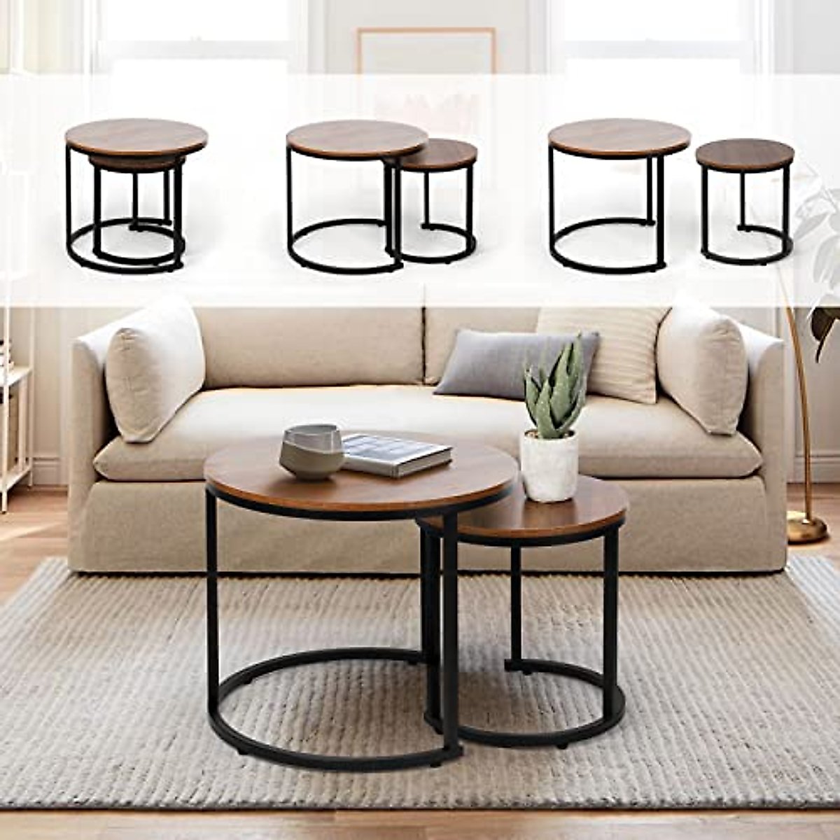 Coffee Tables for Living Room - Small Round Coffee Table Set of 2, Center Table with Solid Wood Grain Table Top and Sturdy Metal Frame, Nesting Tables for Small Spaces, Easy to Assemble (Walnut)