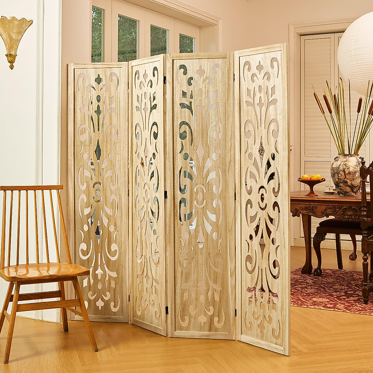 Svimi Folding Room Divider, 66.9 Inch Wood Carved Privacy Screens, Free Assembled Freestanding Portable Classical Decorative Partition for Home Office Restaurant Bedroom (4 Panels, Natural)