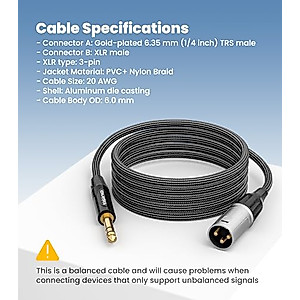 tisino 1/4" to XLR Cable, 6.35mm TRS to XLR Male Nylon Braid Quarter inch TRS to XLR Male Balanced Interconnect Microphone Cord Patch Cable - 10ft