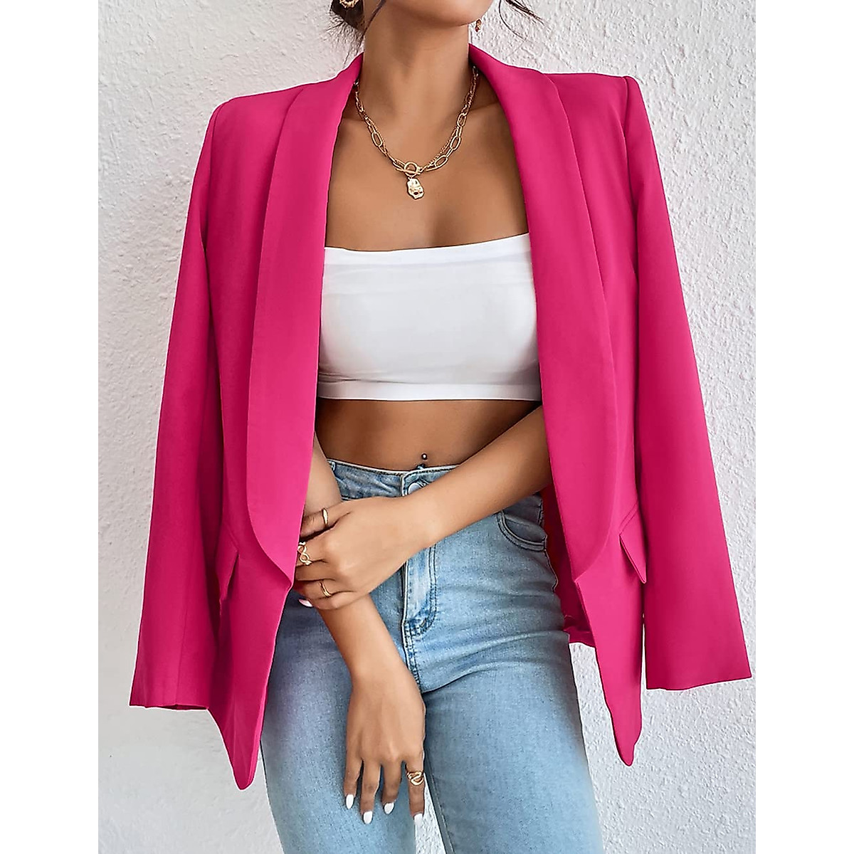 Womens Long Sleeve Blazers Casual Open Front Lapel Button Slim Work Office Blazer Jacket(Rose,Medium)