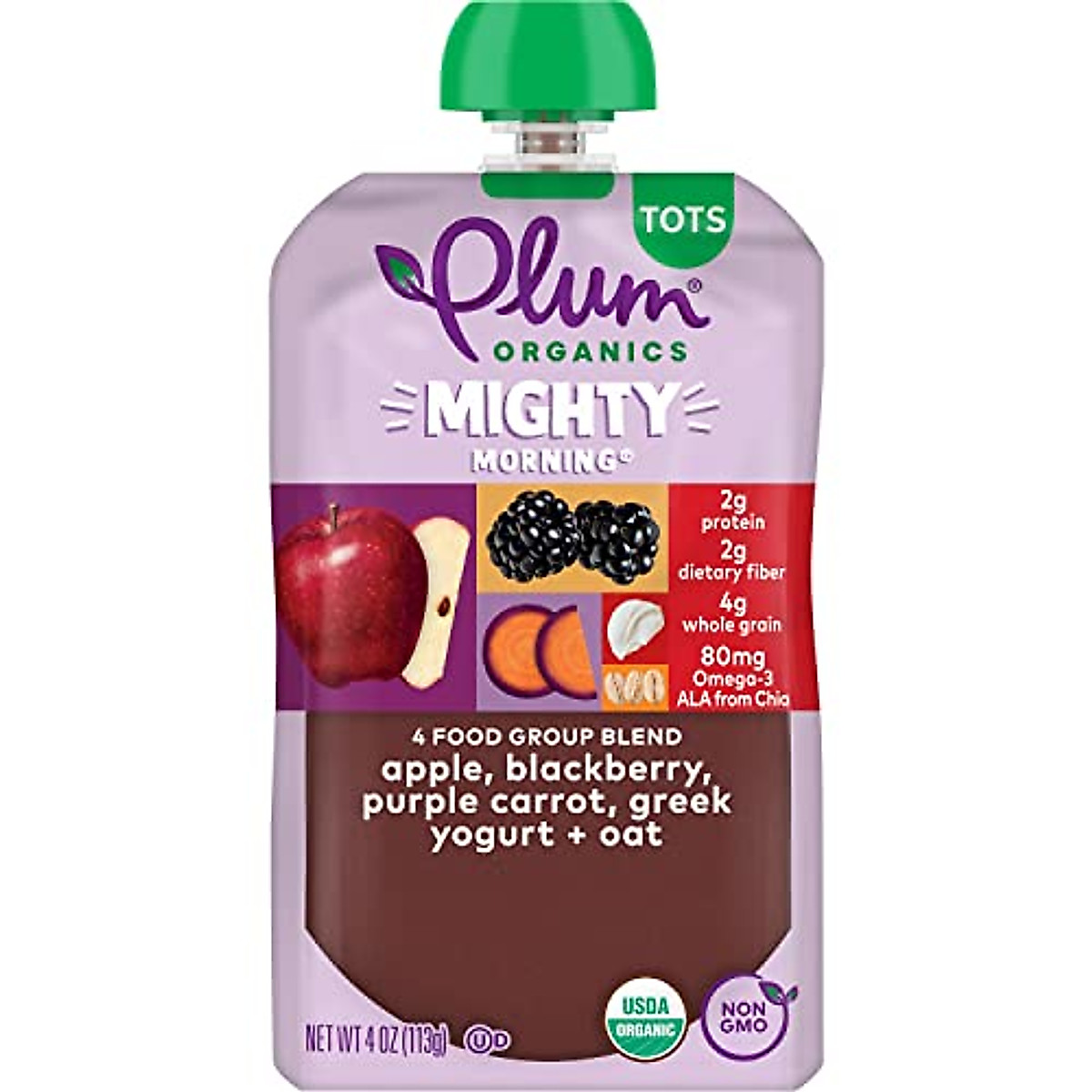 Plum Organics Baby Food Pouch | Mighty 4 Blends | Apple, Blackberry, Purple Carrot, Greek Yogurt & Oat | 4 Ounce | 12 Pack | Organic Food Squeeze for Babies, Kids, Toddlers