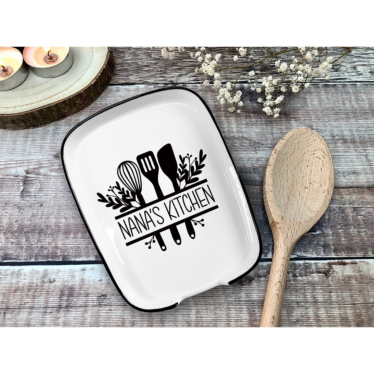 Flower Pattern Fork Spoon Rest Nana's Kitchen, Ceramic Kitchenware Spoon Rest Suitable for Dining Table, Dinner Party, Kitchen Countertop or Stove Top Kitchen Accessory Gift for Mother